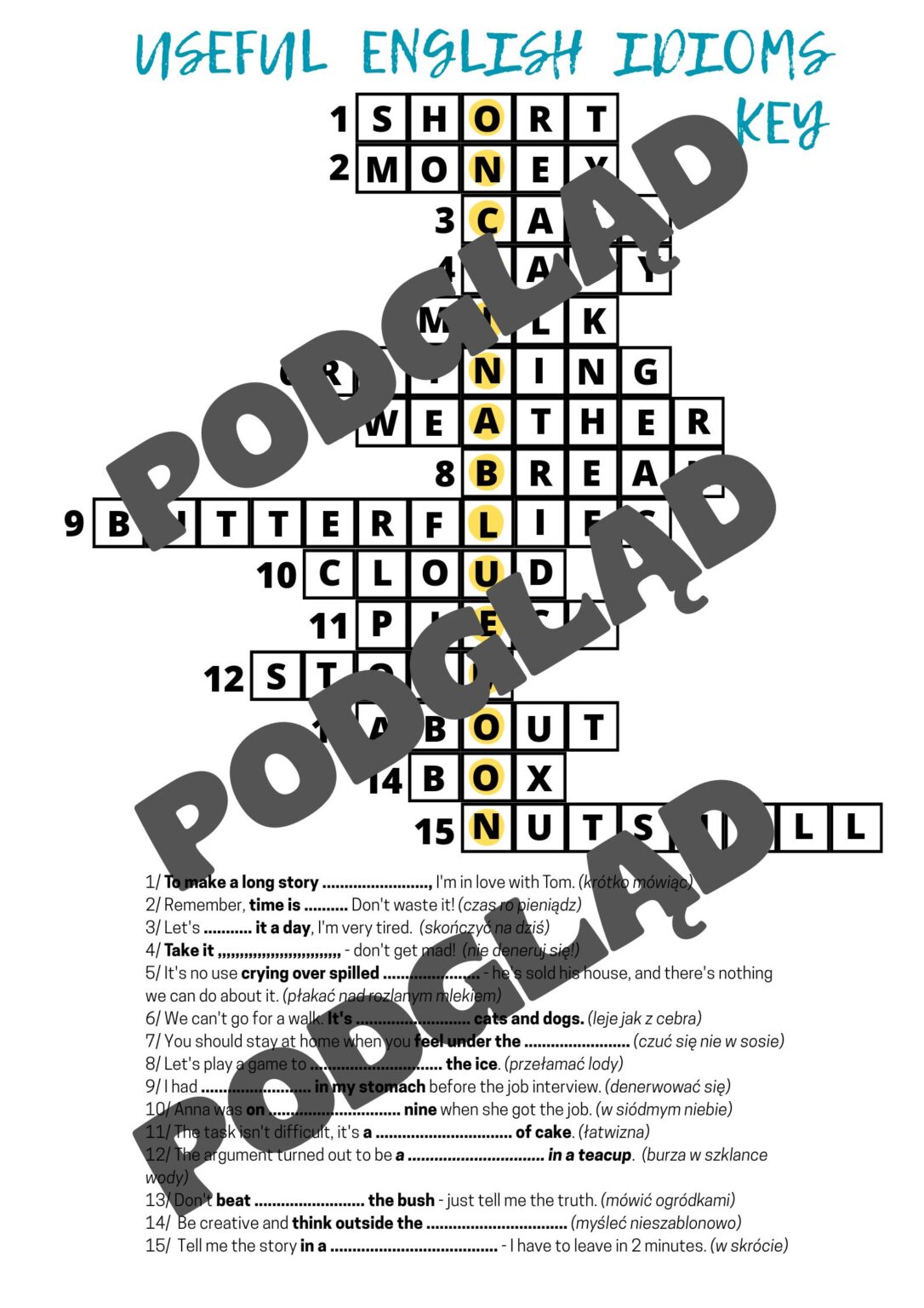 USEFUL ENGLISH IDIOMS CROSSWORD – ideas4creative.English.lessons